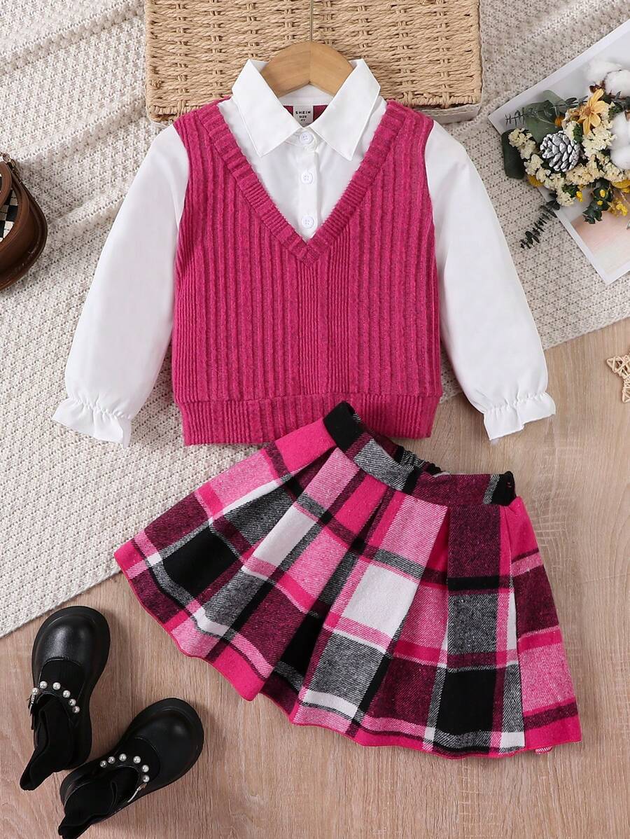 SHEIN Conjunto De Ropa Para Niña Joven Con Camisa De Retales Y Falda De ...