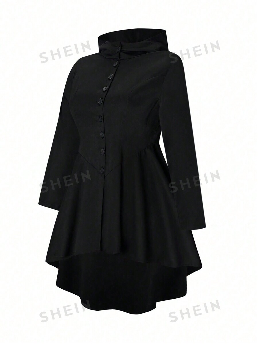 SHEIN Clasi Plus Button Front High Low Hem Hooded Coat | SHEIN UK