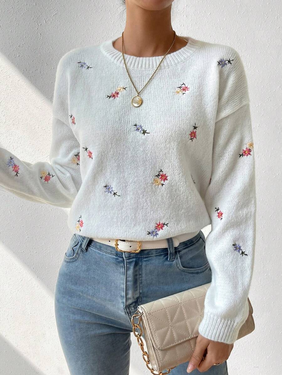SHEIN LUNE Floral Embroidery Drop Shoulder Sweater,Long Sleeve Tops ...