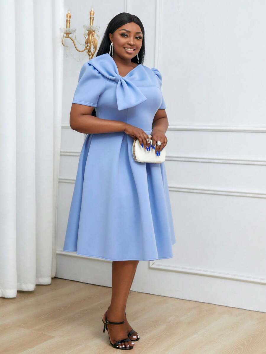 Plus Size Solid Color Short Sleeve Dress With Bow Accent Dress For ...
