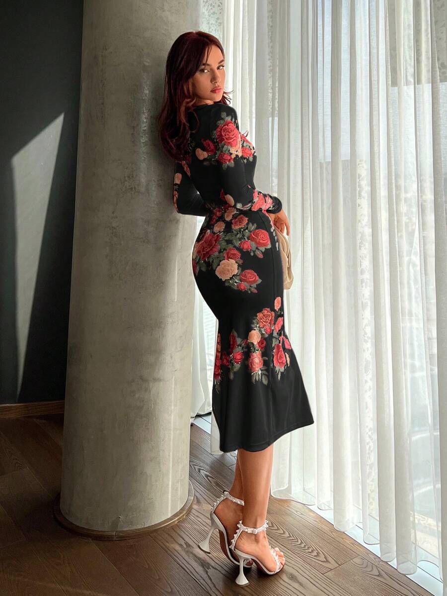 Aloruh Floral Print High Slit Date Night Bodycon Dress | SHEIN USA