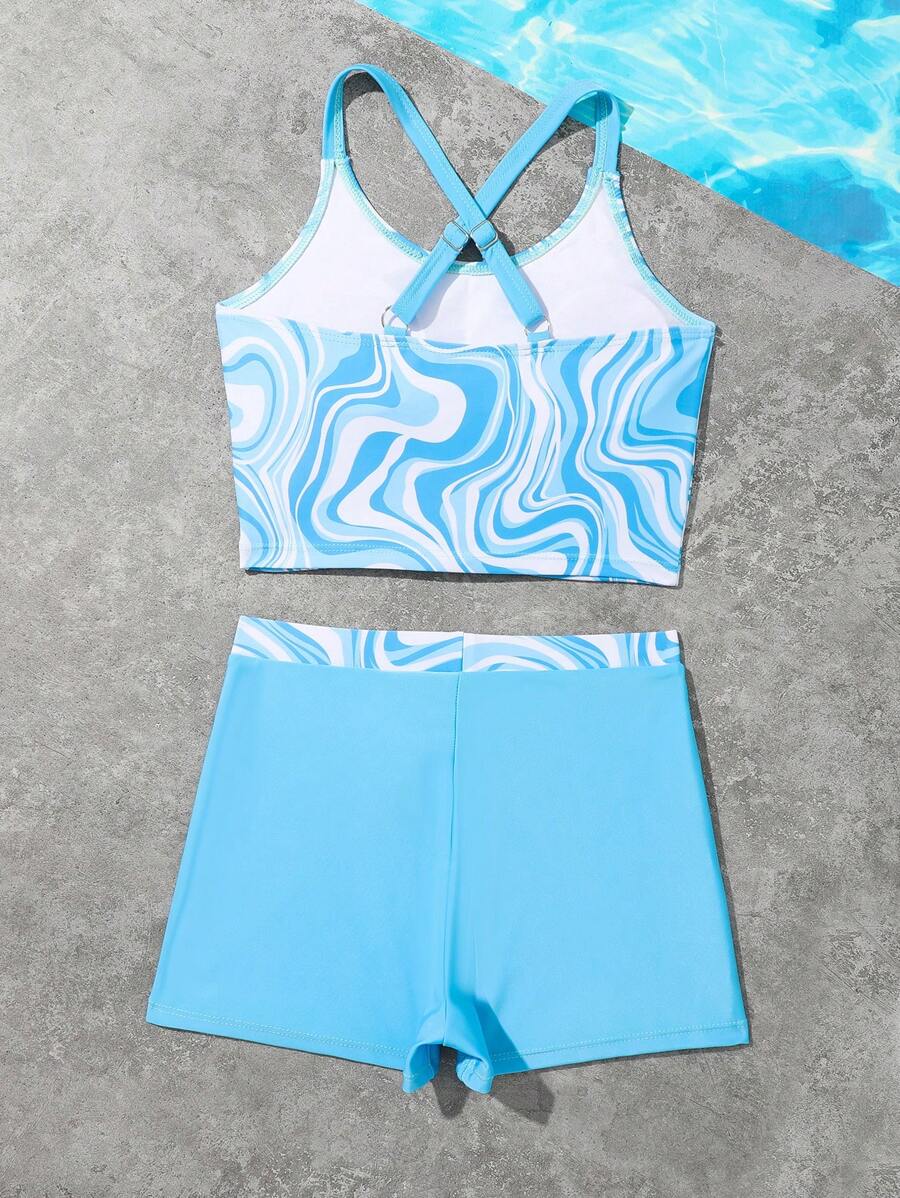 Tween Girl Marble Print Tank Top & Shorts Tankini Set | SHEIN USA