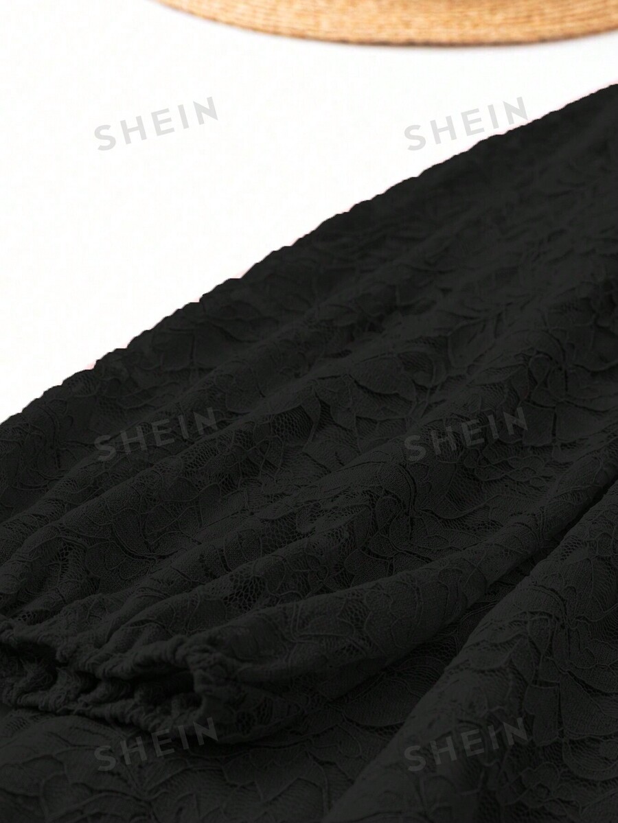 Shein Clasi Plus Size Solid Color Lantern Sleeve Dress With Frill Trim