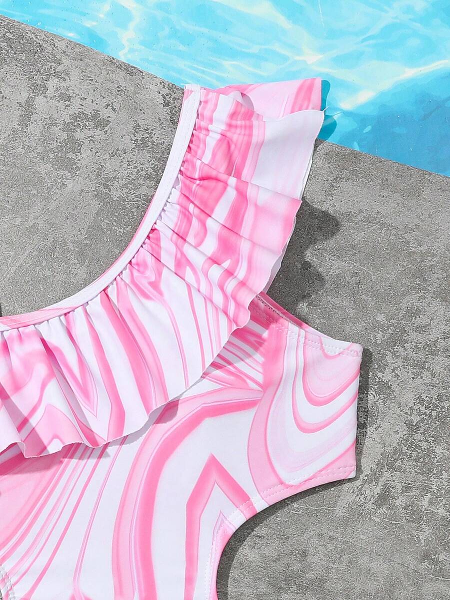 Tween Girl Marble Pattern Cut Out Ruffle Trim One Piece Swimsuit