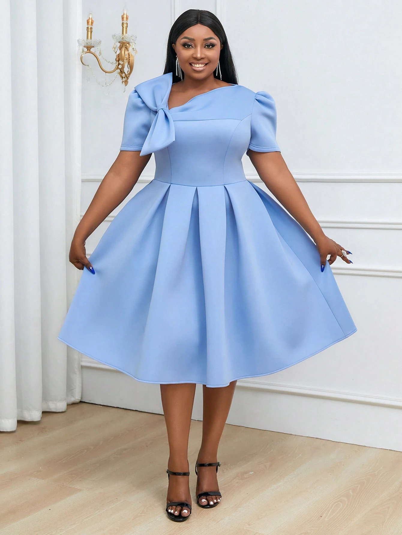Plus Size Solid Color Short Sleeve Dress With Bow Accent Dress For ...