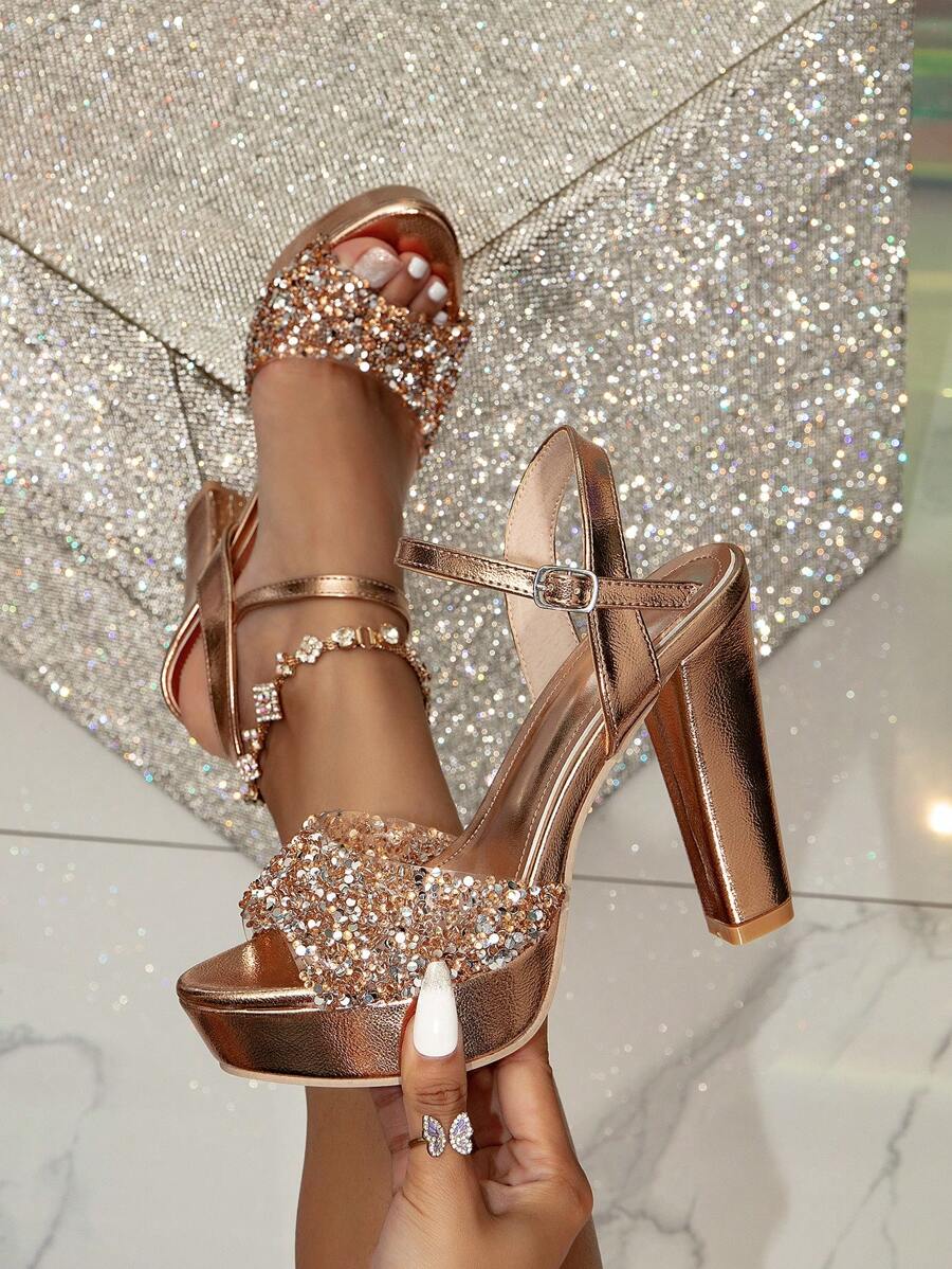 Women's Champagne Glitter Peep Toe Platform Chunky High Heel Sandals ...