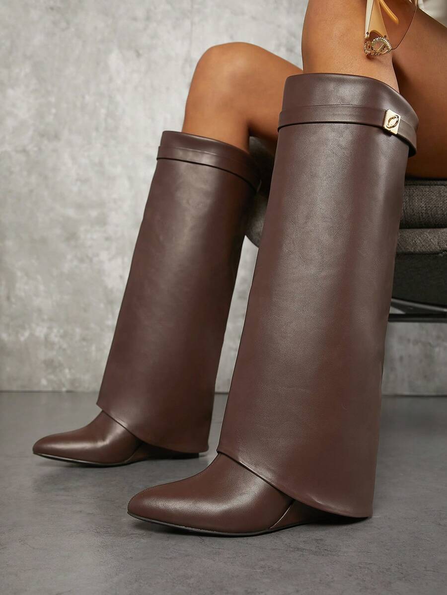 SHUZIA Botas de Salto Alto com Cunha e Bico Fino, Até o Joelho, Com Abas Dobráveis | SHEIN Brasil