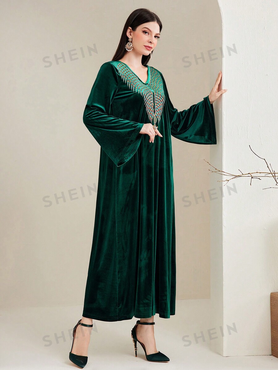 SHEIN Najma Robe arabe brodée avec détail de bloc de couleur | Mode en ligne | SHEIN FRANCE
