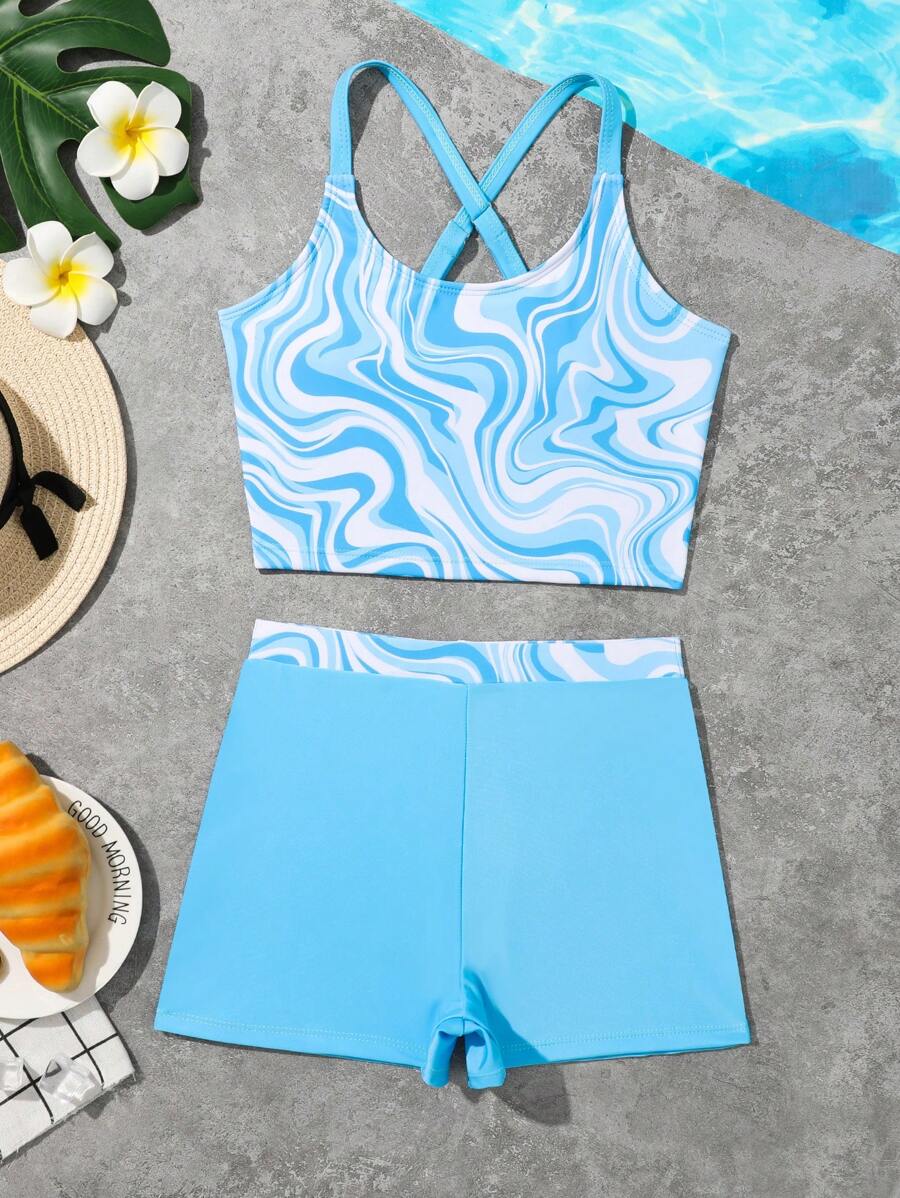 Tween Girl Marble Print Tank Top & Shorts Tankini Set | SHEIN USA