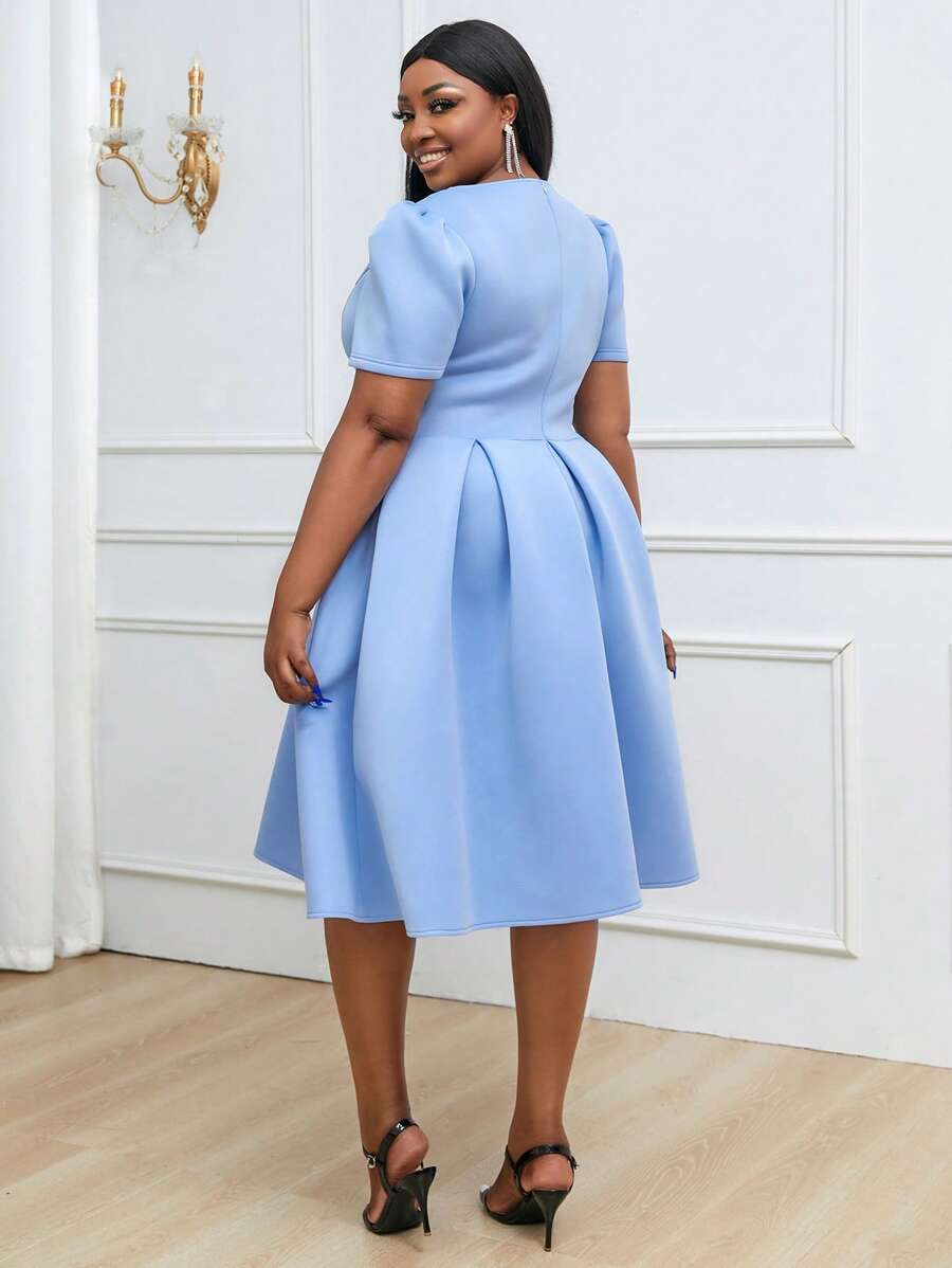 Plus Size Solid Color Short Sleeve Dress With Bow Accent Dress For ...