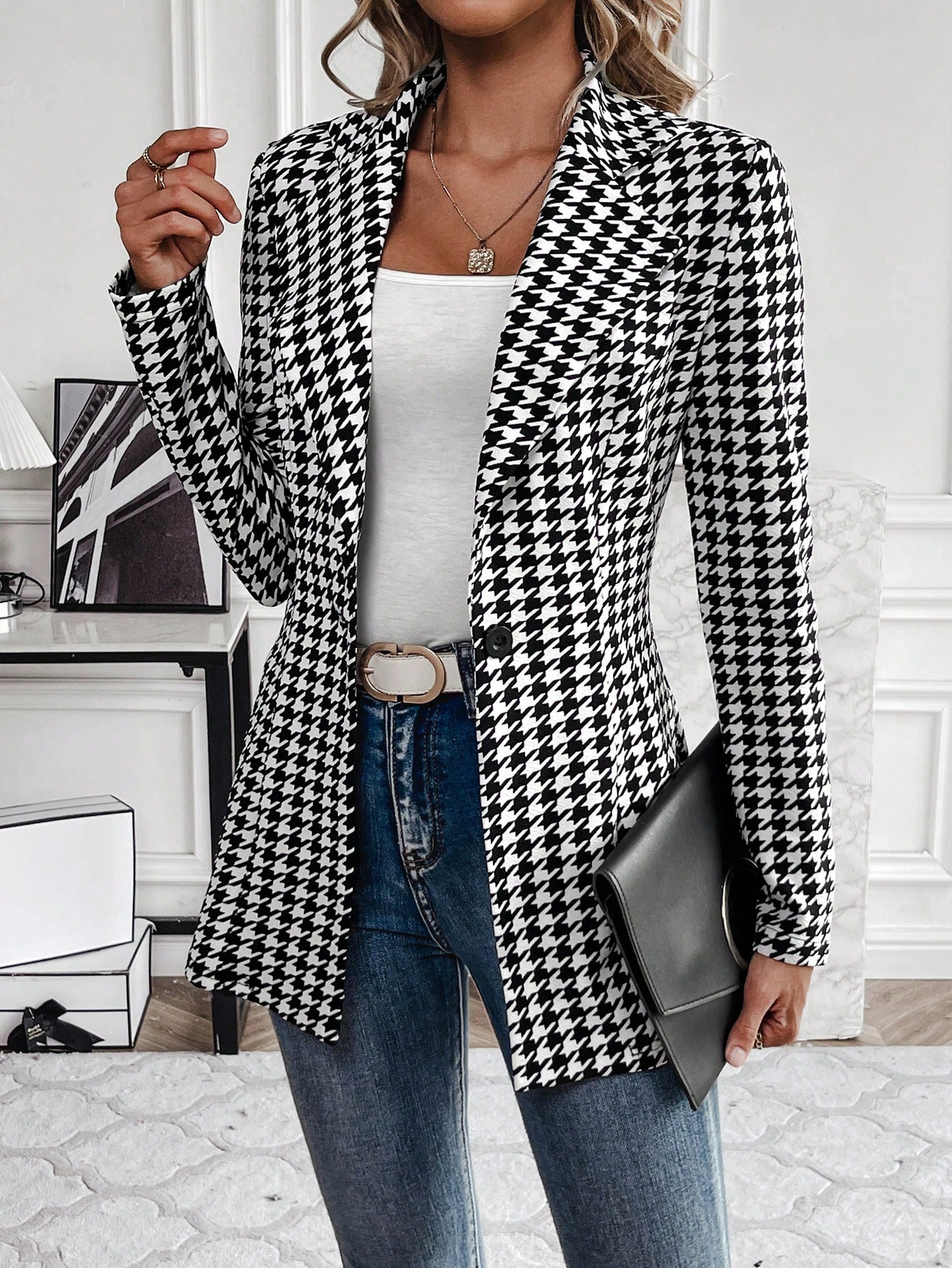 SHEIN Clasi Women's Houndstooth Check Waist Slimming Blazer Jacket ...