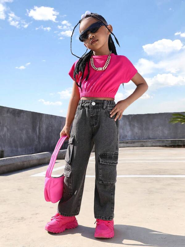 Little Girls' Stylish Denim Jeans With Multiple Accordion Pockets ...