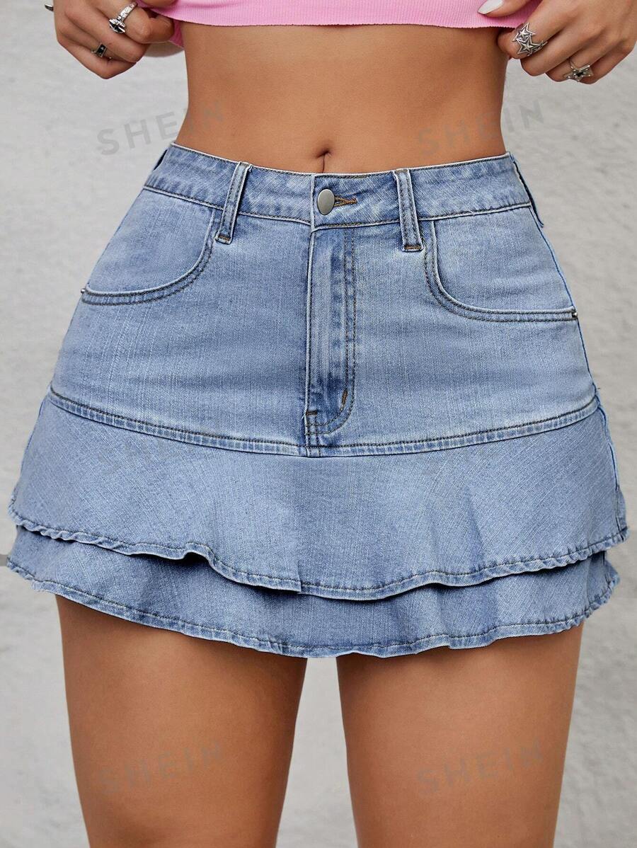 SHEIN ICON Women's Double Layer Ruffle Hem Denim Skirt | SHEIN USA