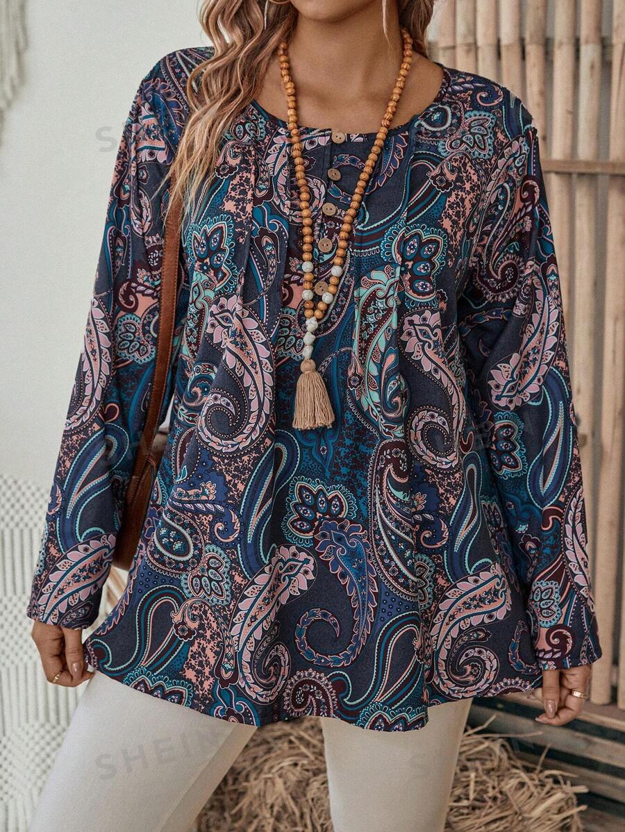 EMERY ROSE Women's Plus Size Paisley Print Button Detail Shirt | SHEIN UK