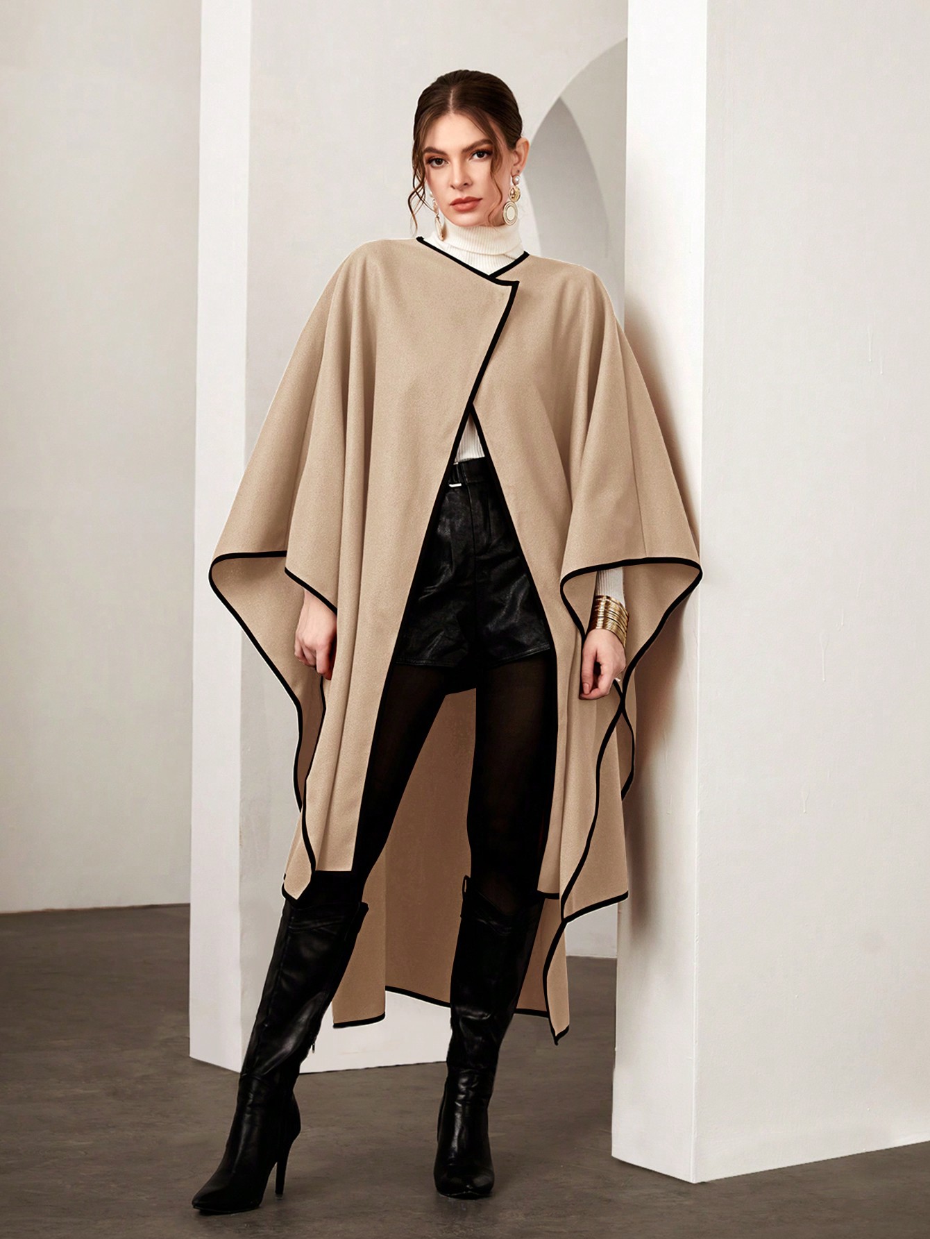 SHEIN Modely Patchwork Edge Cape Design Woolen Coat | SHEIN USA