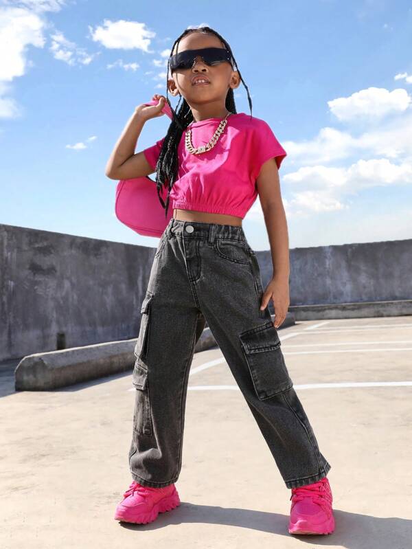 Little Girls' Stylish Denim Jeans With Multiple Accordion Pockets ...