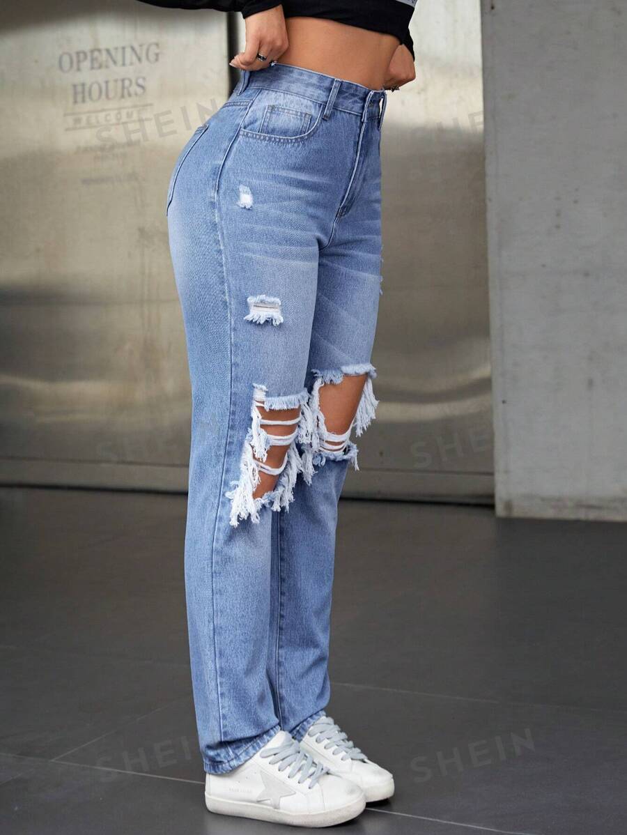 Shein Icon High Waist Ripped Straight Leg Jeans Shein Usa