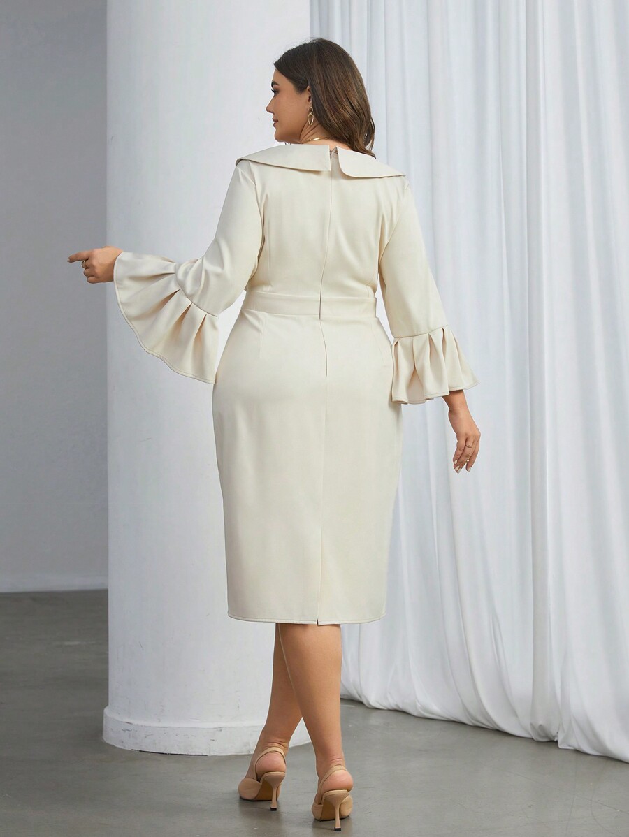 Privéa Plus Size Elegant Fitting Cross Front Ruffle Sleeve Dress Church ...