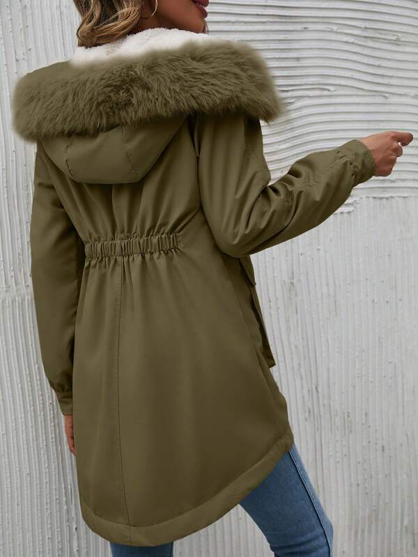 SHEIN LUNE Drawstring Waist Plush Hooded Jacket With Flap Pocket And Trimmed Hood | SHEIN USA