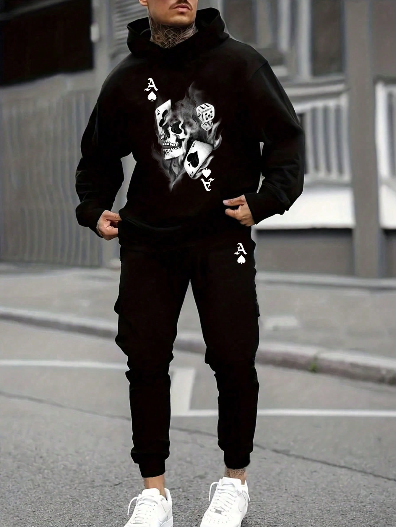 Manfinity Hypemode Men's Plus Size Card Print Hoodie And Sweatpants Two Piece Set for Sale ...