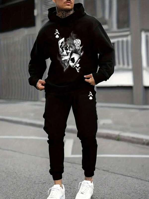 Manfinity Hypemode Men's Plus Size Card Print Hoodie And Sweatpants Two Piece Set for Sale ...