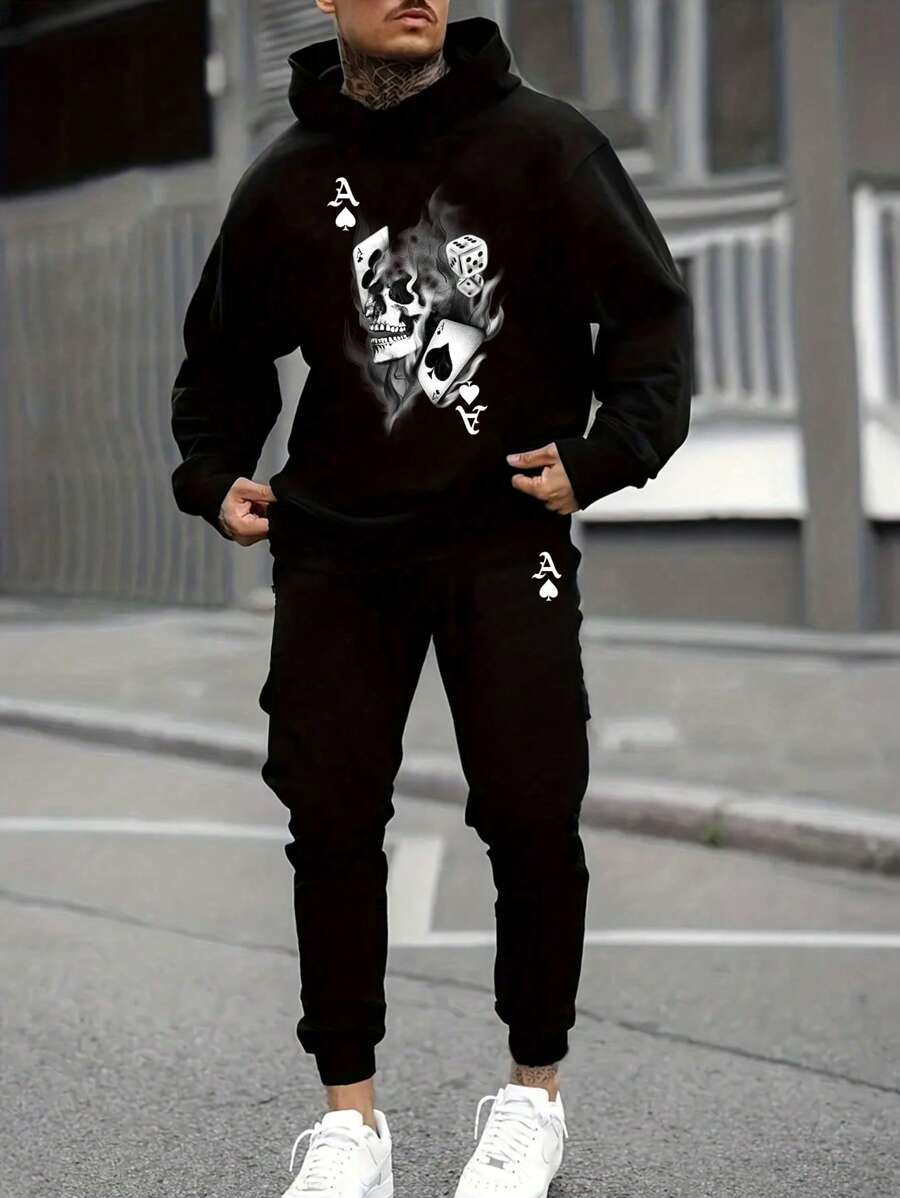 Manfinity RebelGame Men's Plus Size Card Print Hoodie And Sweatpants Two Piece Set | SHEIN EUR