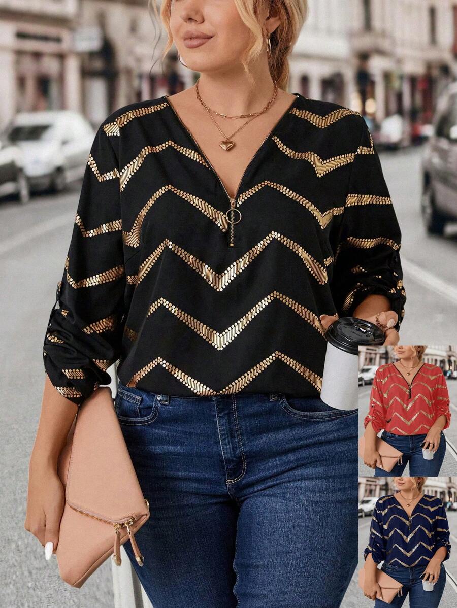 SHEIN LUNE Plus Size Women Spring/Summer Loose Elegant Blouse With Wave ...