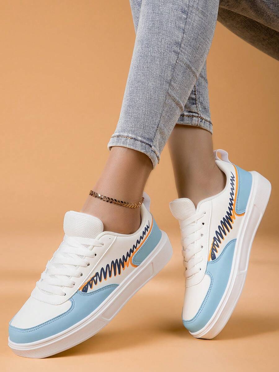 Sporty Sneakers For Women, Two Tone Lace-up Colorblock Front Skate ...