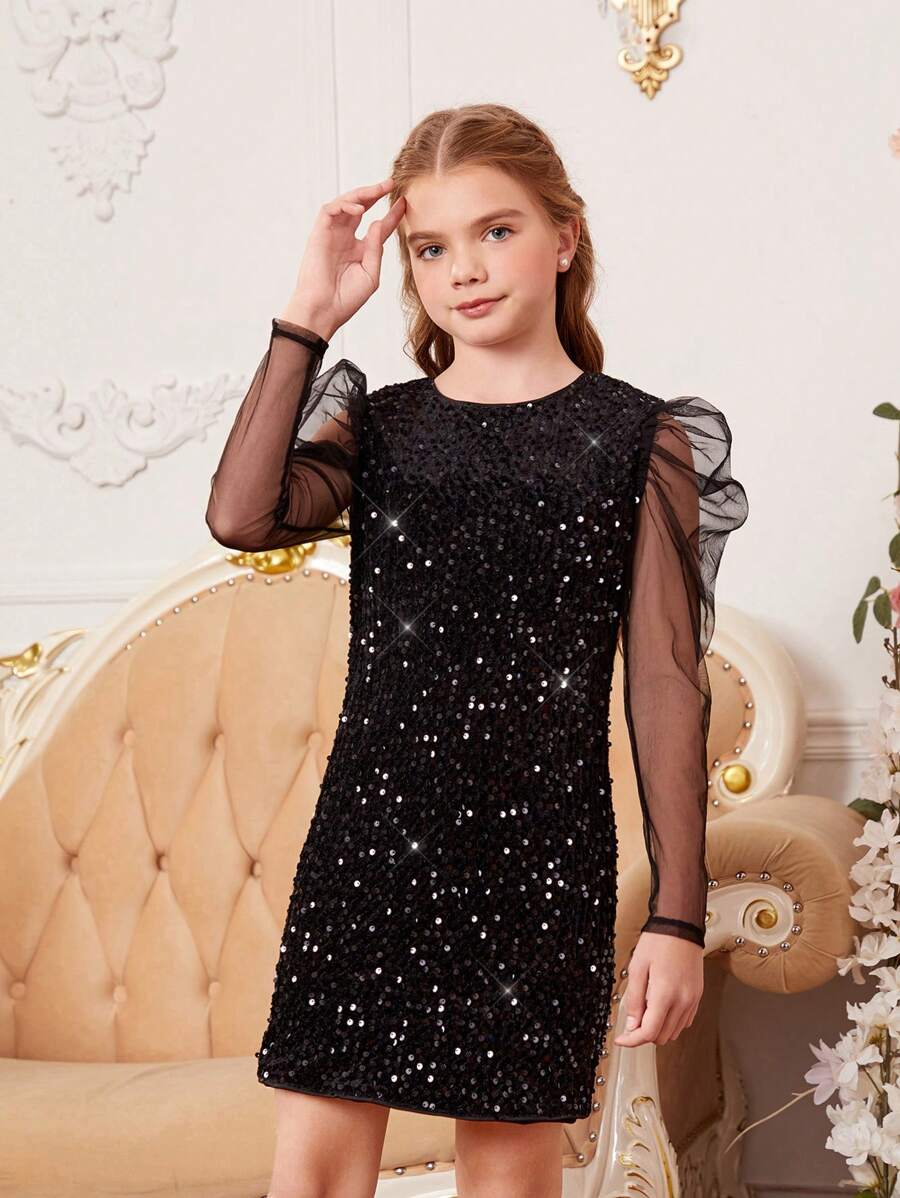 SHEIN Tween Girl Sparkly Round Neck Mesh Patchwork Leg-Of-Mutton Sleeve ...