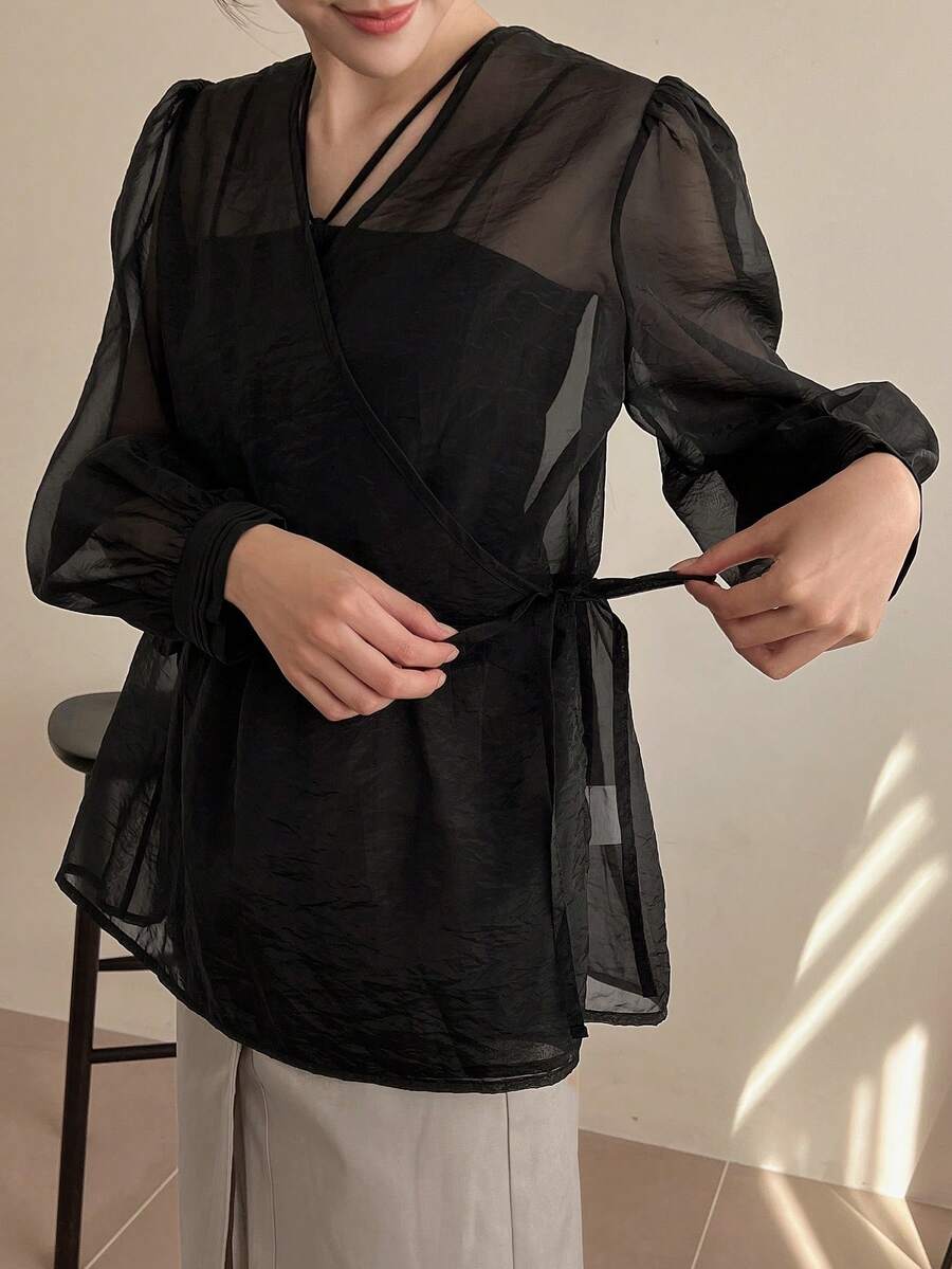 FRIFUL Lantern Sleeve Side Tie Sheer Mesh Top | SHEIN USA