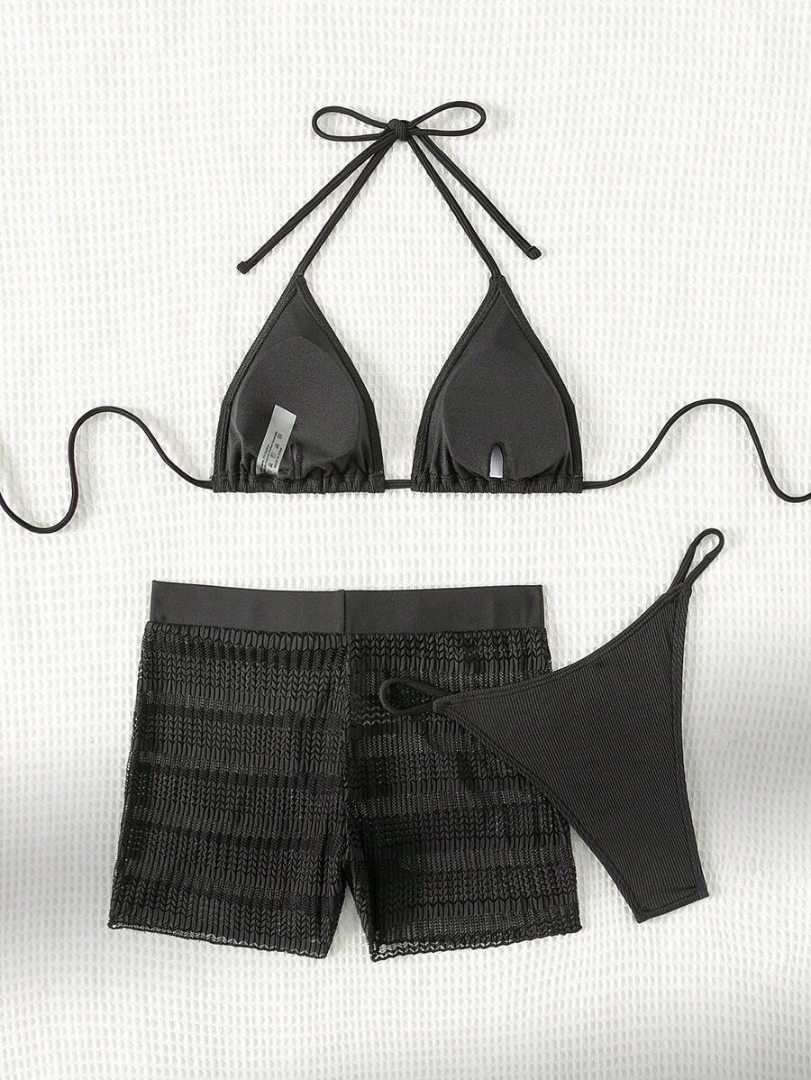 Shein Swim Bohofeel Womens Bikini Set With Halter Neck Shorts And