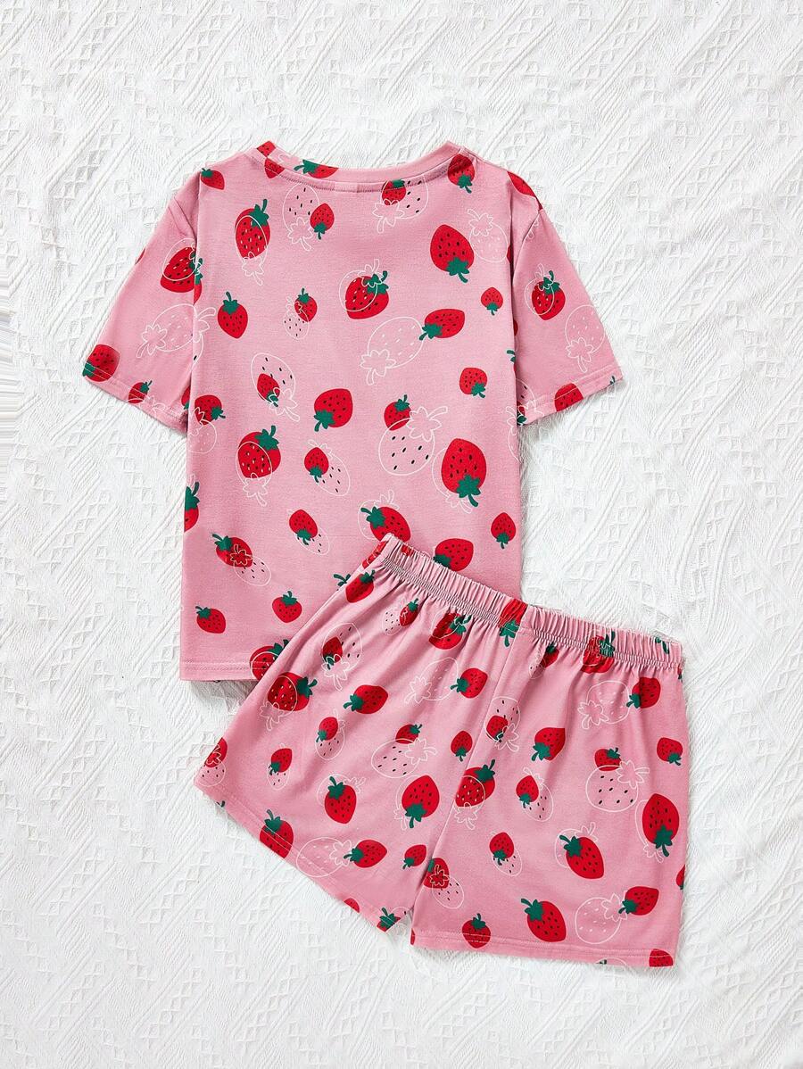 SHEIN Tween Girl Strawberry Pattern Knitted Short Sleeve Top And Shorts ...