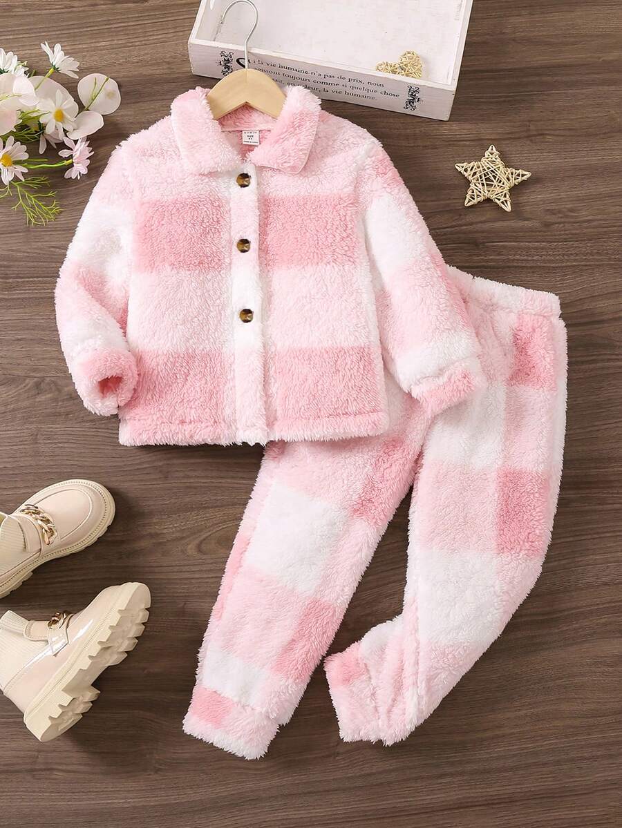 SHEIN Conjunto De Casaco De Pelúcia Xadrez Rosa Com Gola Fofa E Calças ...