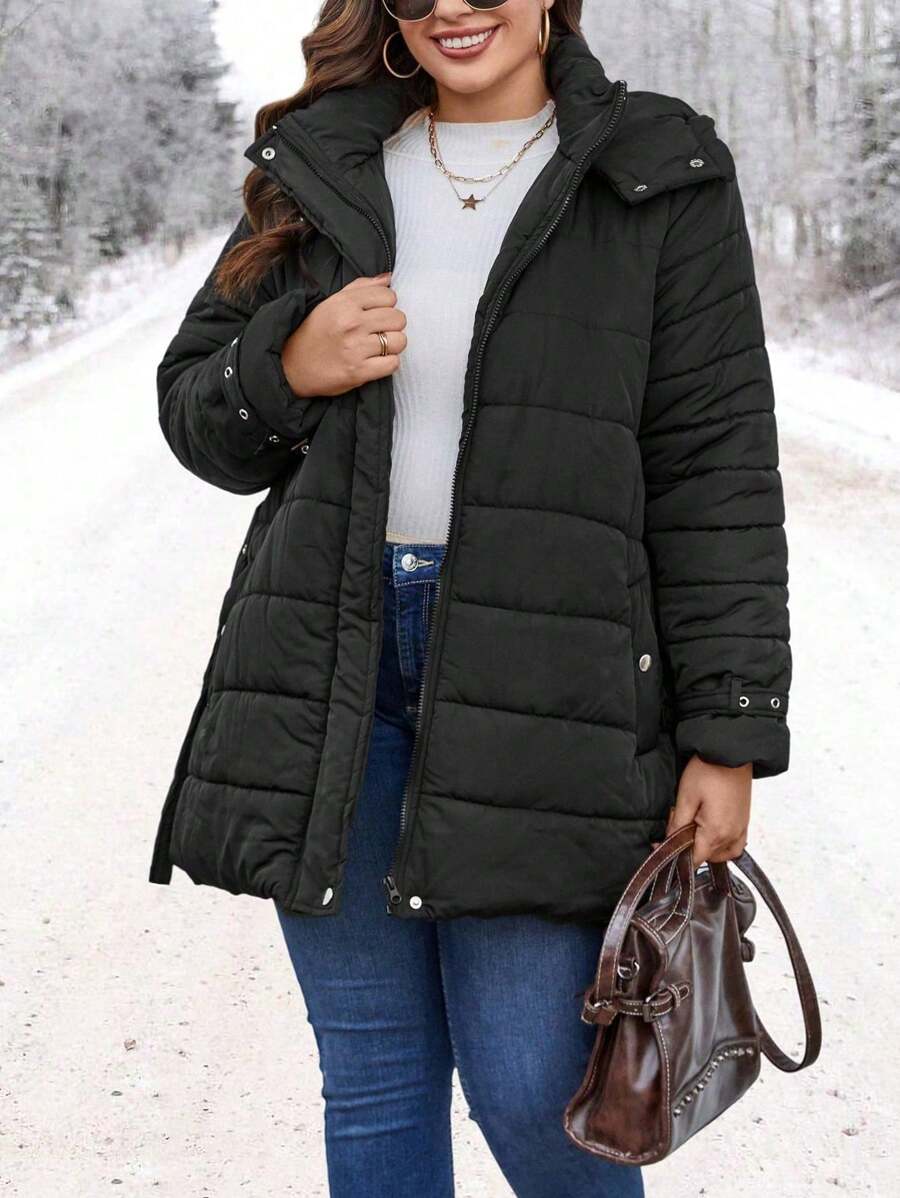 SHEIN LUNE Plus Zip Up Snap Button Belted Padded Padded Coat Clothes Winter | SHEIN UK