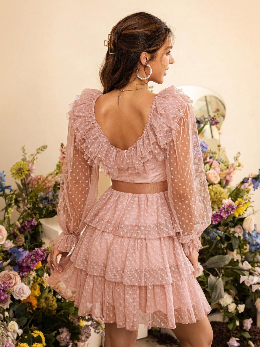 Simplee Dobby Mesh Overlay Flounce Sleeve Layered Hem Belted Dress