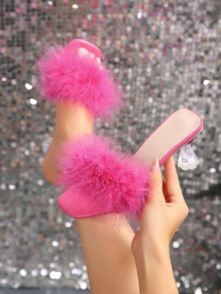 New Summer High Heels, Chunky Heels, Sexy Transparent Crystal Fluffy ...