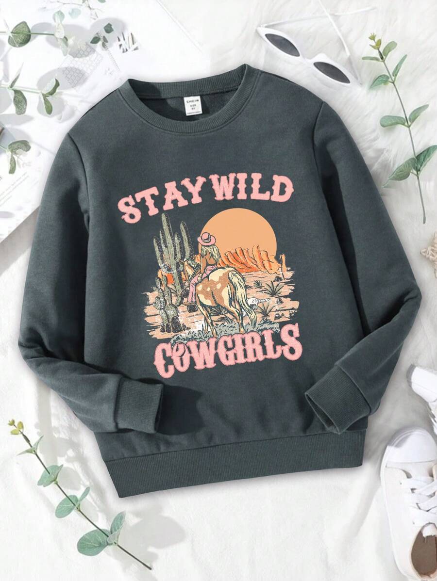 SHEIN Tween Girl Desert Digital Printed Pink Round Neck Sweatshirt ...