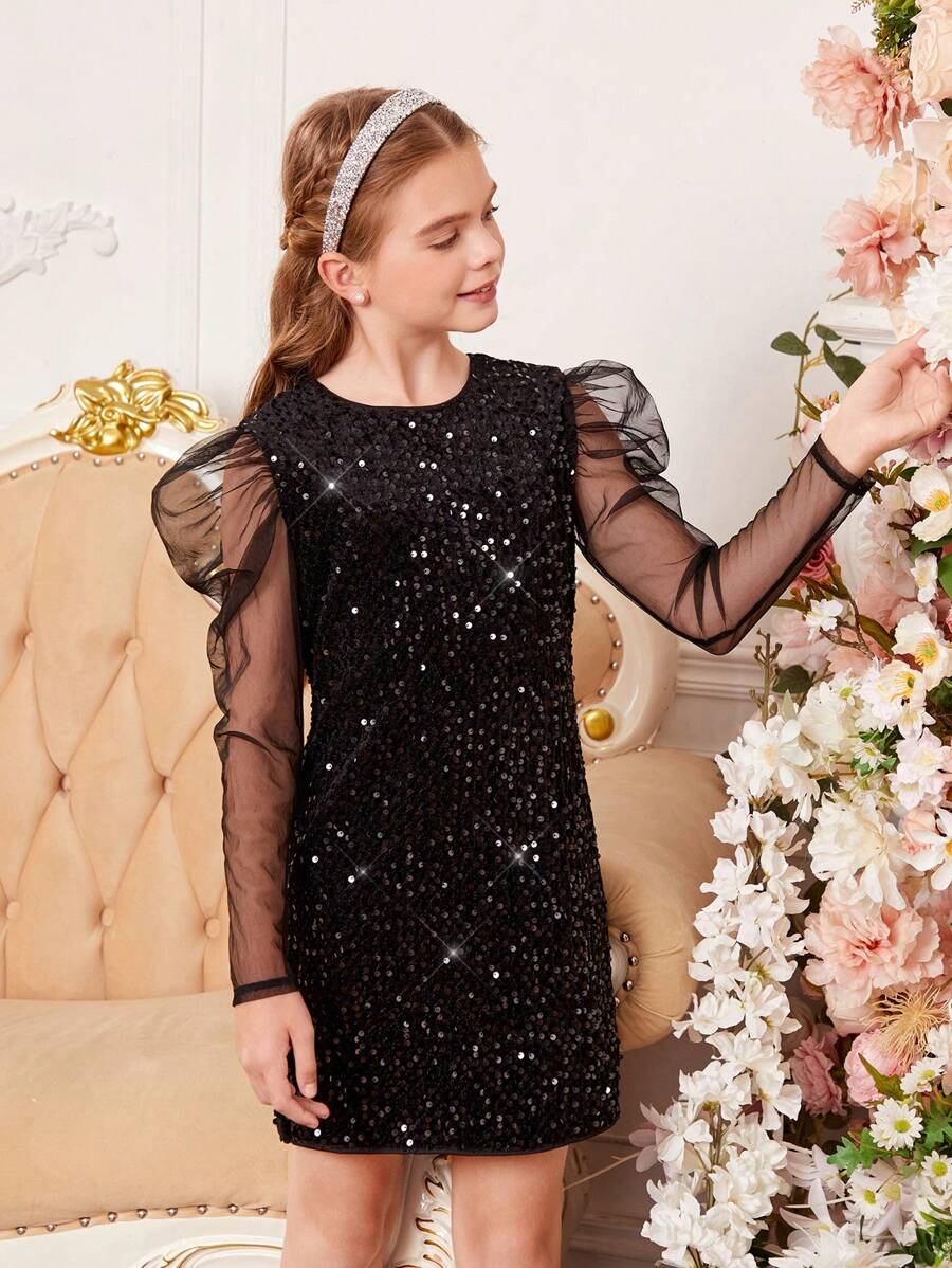 SHEIN Tween Girl Sparkly Round Neck Mesh Contrast Leg-Of-Mutton Sleeve ...