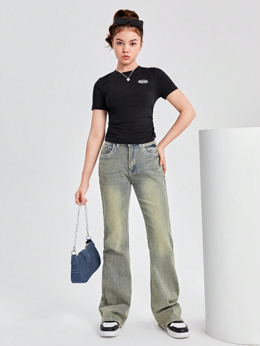 SHEIN Teenage Girls' Knitted Solid Color Two-piece T-shirt Set With ...