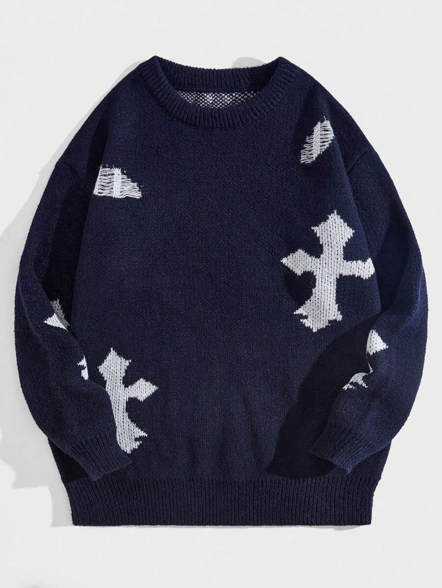 ROMWE Goth Men's Round Neck Sweater With Cross Pattern | SHEIN USA