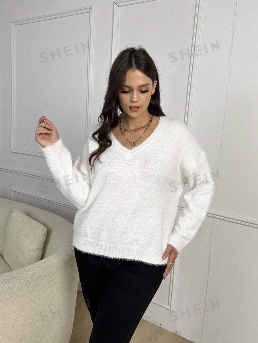 SHEIN LUNE Plus Drop Shoulder Fluffy Knit Sweater | SHEIN South Africa
