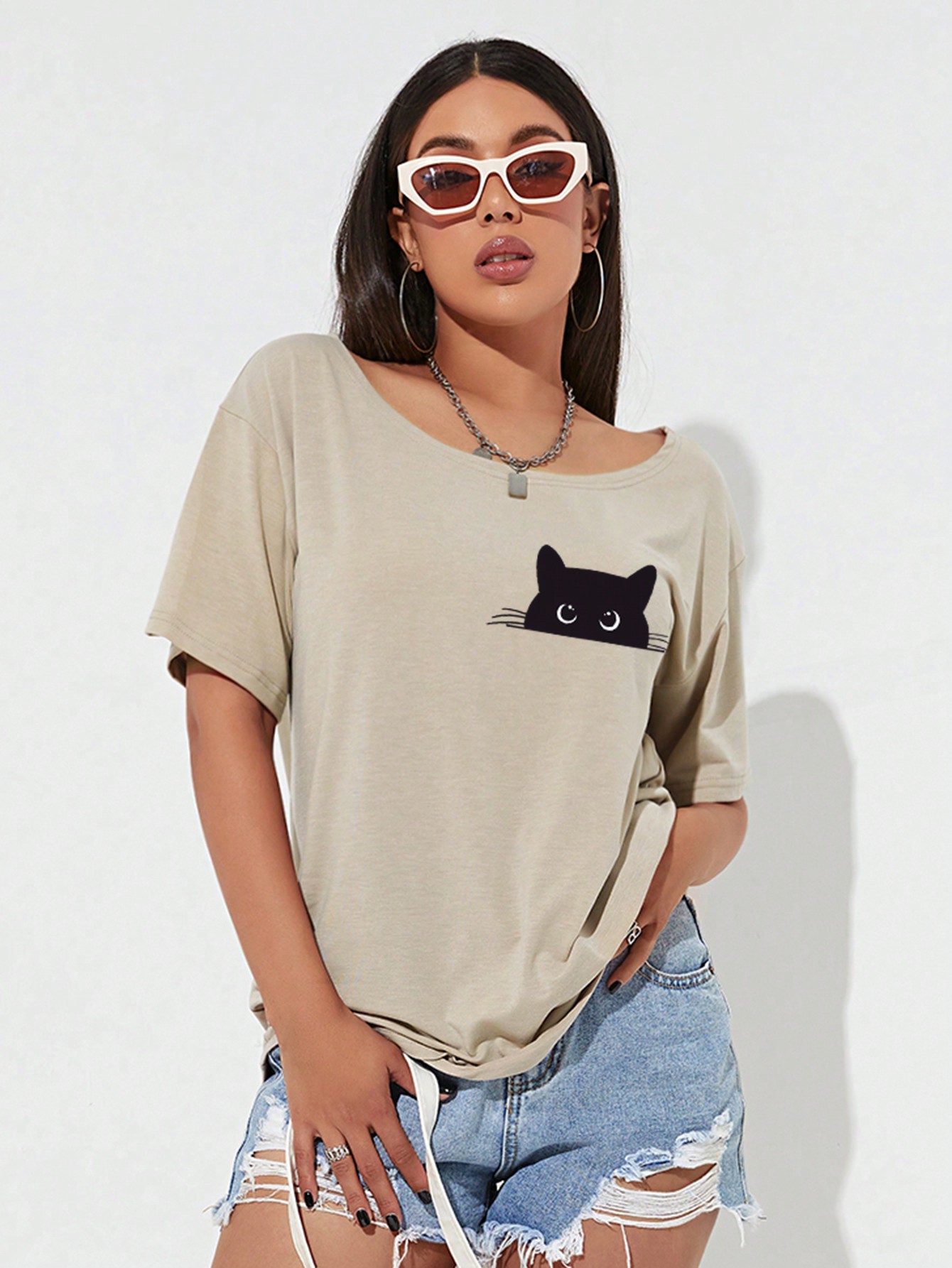 SHEIN LUNE Women's Simple Cute Cat Printed T-shirt | SHEIN USA