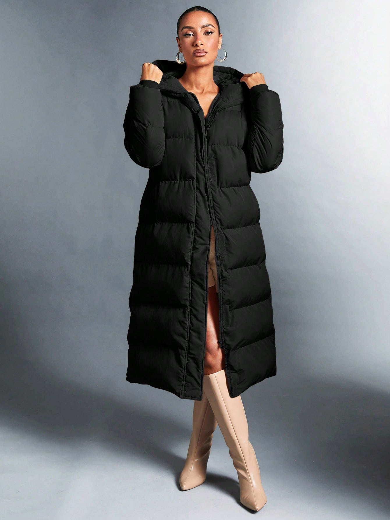 SHEIN BAE SHEIN BAE Solid Zip Up Hooded Longline Puffer Coat | SHEIN UK