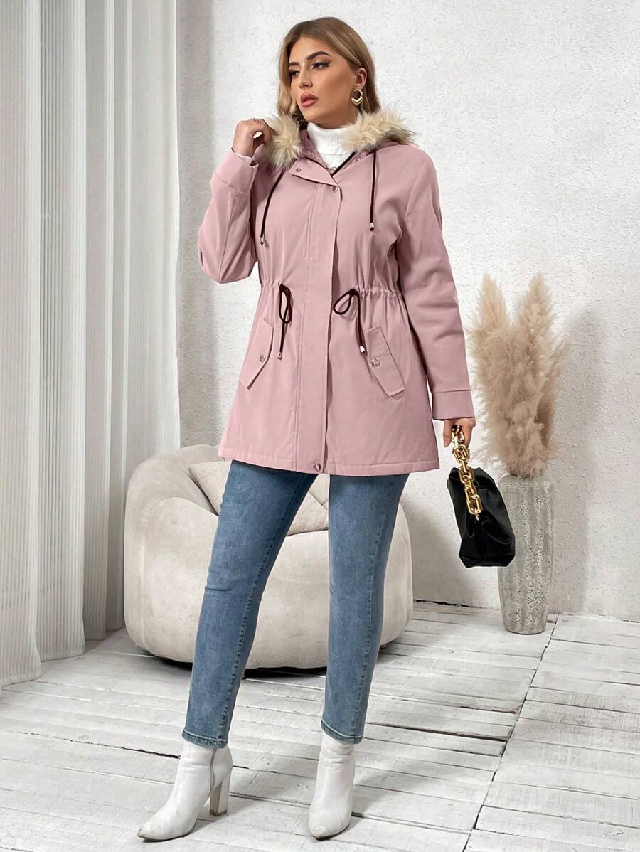 SHEIN Frenchy Plus Fuzzy Trim Drawstring Hooded Teddy Lined Parka Coat ...
