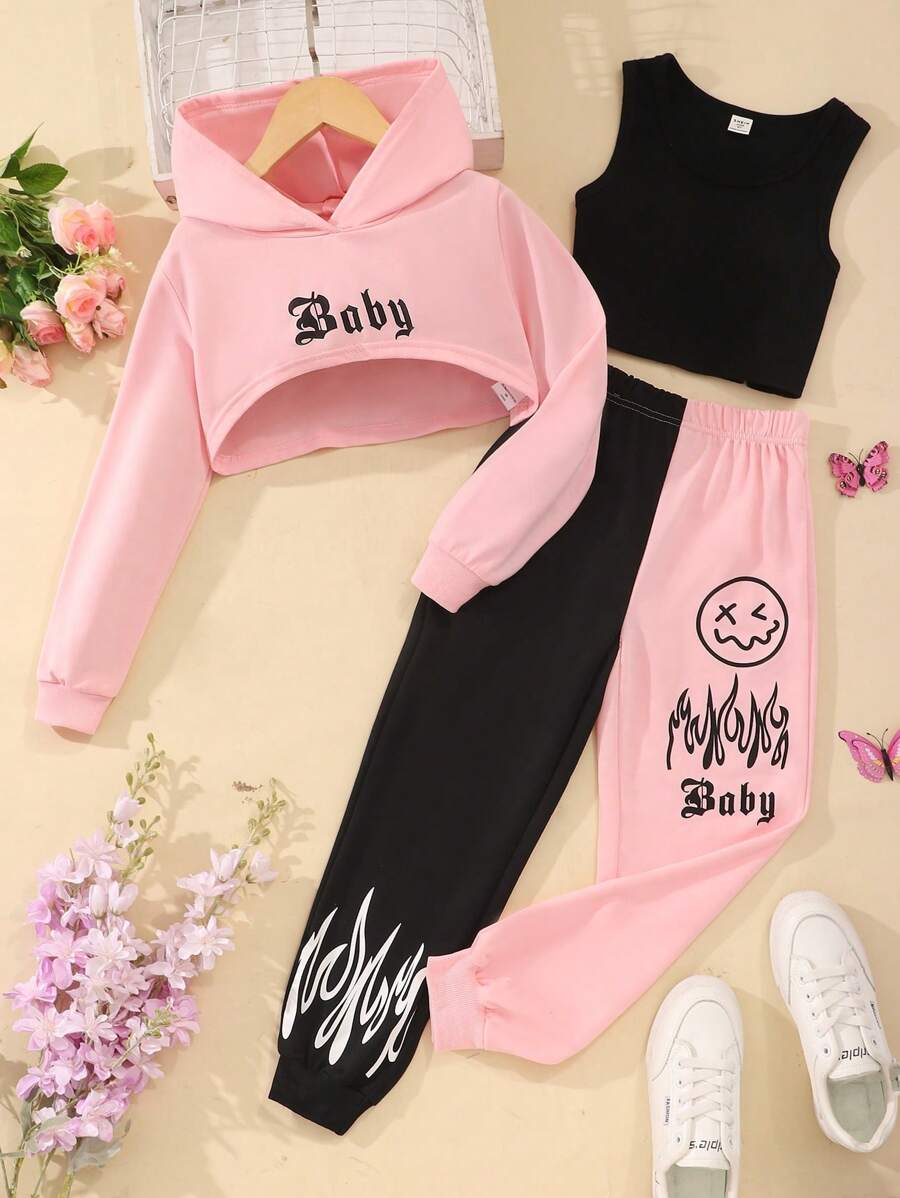 SHEIN Tween Girl 3pcs/Set Sporty Letter Printed Hoodie, Vest And Color ...