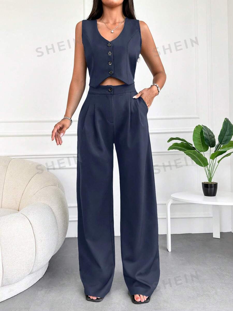 Cottnline Knopf Vorne Weste Blazer And Hose Mit Weiten Beinen Aktuelle