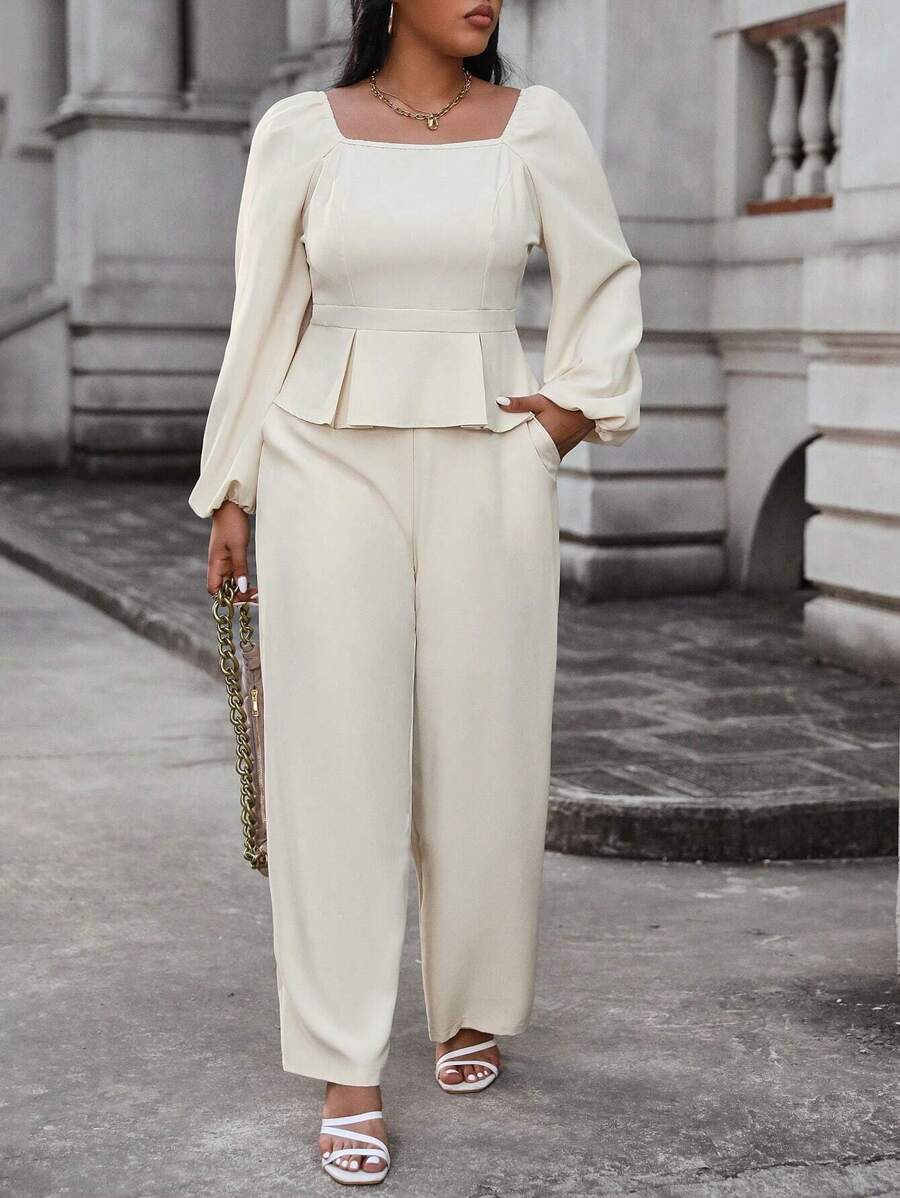 Calvaya Plus Size Square Collar Lantern Sleeve Top And Pants Set ...