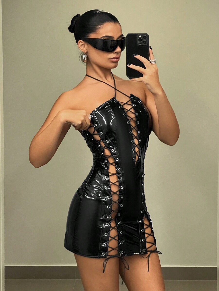 SHEINIconxChantel SHEIN ICON Y2k Bodycon Faux Leather Halter Neck Cross Strappy Design Sexy ...