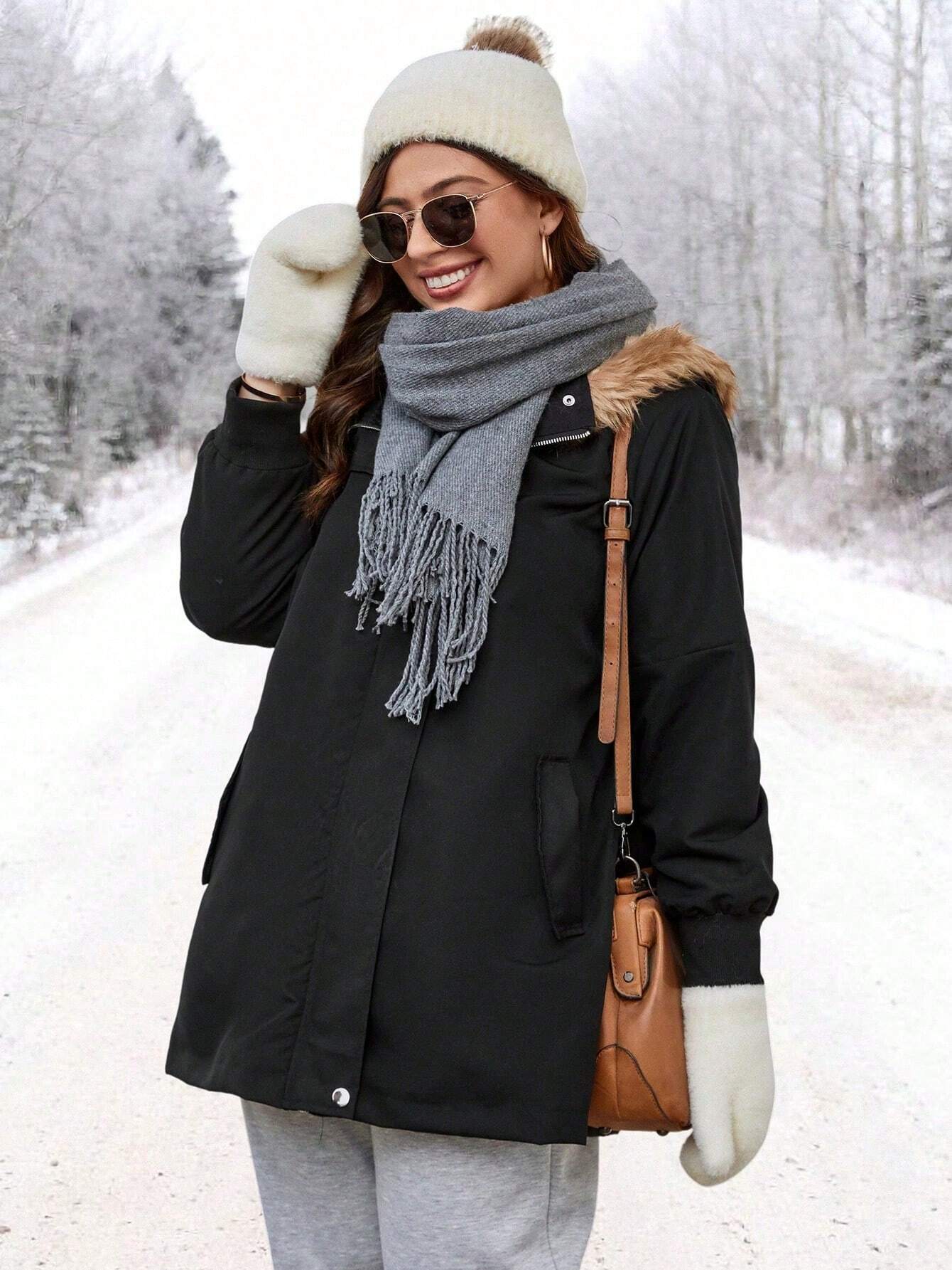 SHEIN LUNE Plus Zip Up Fuzzy Trim Hooded Parka Coat | SHEIN USA