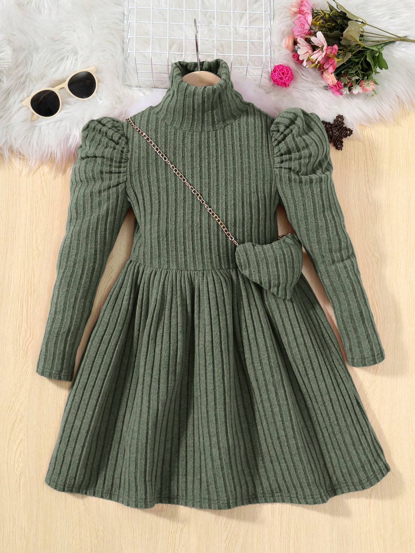 Vestido De Manga Larga Abombado De Punto Sencillo Para Niña, Estilo ...